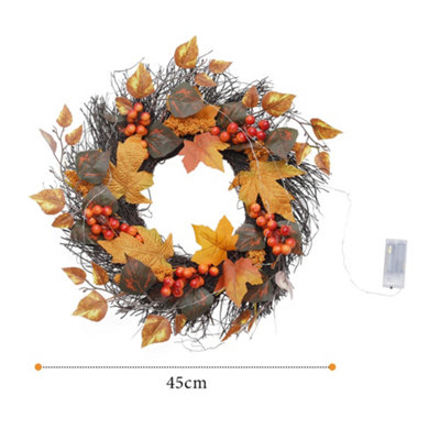 Artificial Autumn Maple Leaves Rattan Wreath with LED Light Dia 45cm