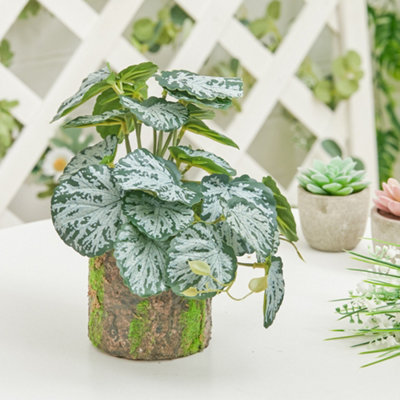 Artificial Begonia Leaves Indoor Decor with Wood Log Planter | DIY at B&Q