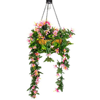 Artificial Duranta Pink Flowers Hanging Basket with Solar Light 26cm