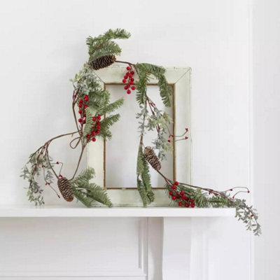 Artificial Eucalyptus Garland with Red Berries, Pine Cones Winter Greenery Decoration for Mantel ...