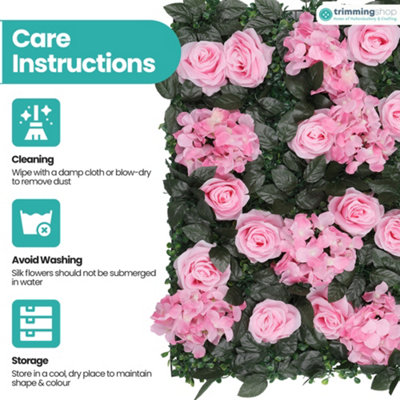 Artificial Flower Wall Backdrop Panel, 60cm x 40cm, Pink Roses with Leaves
