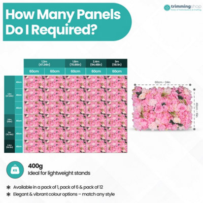 Artificial Flower Wall Backdrop Panel, 60cm x 40cm, Rose Pink with Leaves