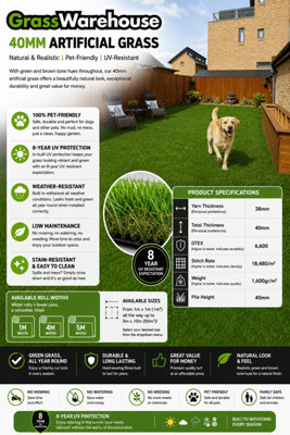 Artificial Grass 40mm Pile Pet-Friendly Thick Natural Realistic High ...