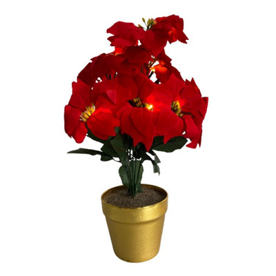 Artificial LED Red Poinsettia Plant in Gold Pot - Faux Realistic Floral ...
