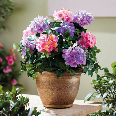 Artificial Pink Hydrangea in bronze pot - Everlasting blooms, no ...