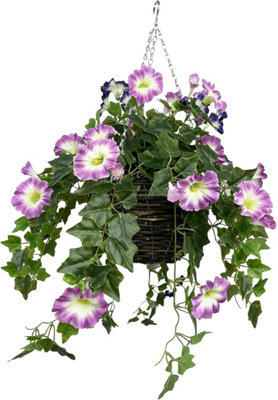 Artificial Pink & Purple Petunia Round Rattan Hanging Basket with Ivy ...