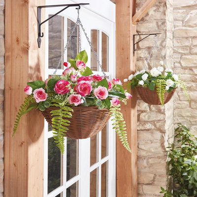 Artificial Pink Rose Sensation Hanging Basket - Realistic Fake Flower ...