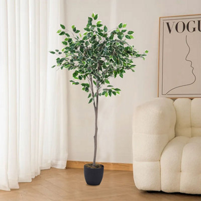 Artificial Plant Fake Ficus Tree Home Decorative in Black Plastic Pot H ...