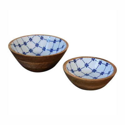 Artisan Furniture Solid Wood Blue and White Bowl Set of 2