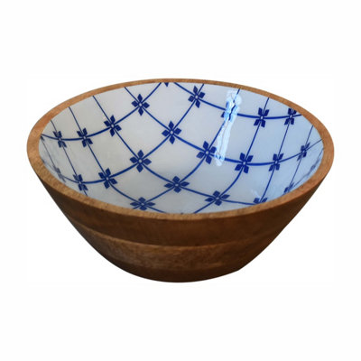Artisan Furniture Solid Wood Blue and White Bowl Set of 2