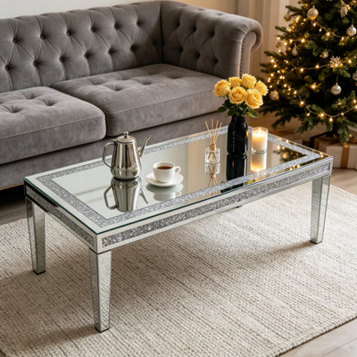 Artloge 120cm Silver Mirrored Coffee Table with Crystal Inlay Rectangle ...