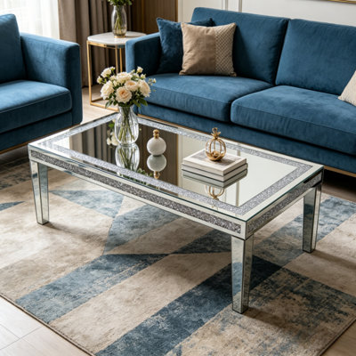Artloge 120cm Silver Mirrored Coffee Table with Crystal Inlay Rectangle ...