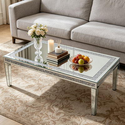 Artloge 120cm Silver Mirrored Coffee Table with Crystal Inlay Rectangle ...