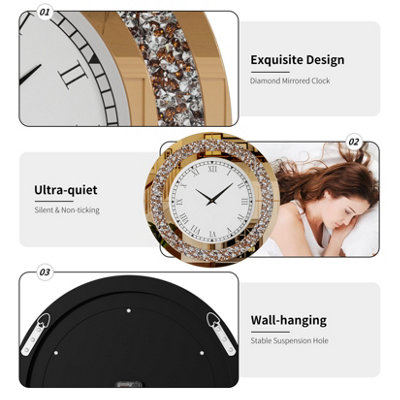 Artloge 60CM Round Mirror Clock Sparkle Crush Diamond Mirrored Wall ...