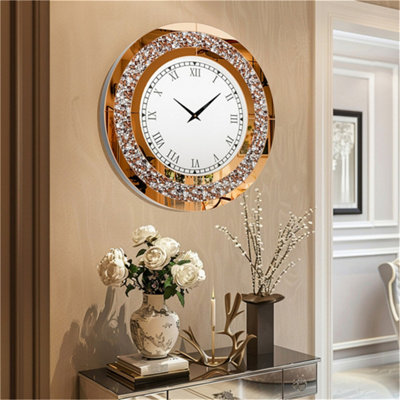 Artloge 60CM Round Mirror Clock Sparkle Crush Diamond Mirrored Wall ...