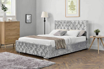 Arya Fabric Ottoman Super King Bed with Storage, Silver Velvet