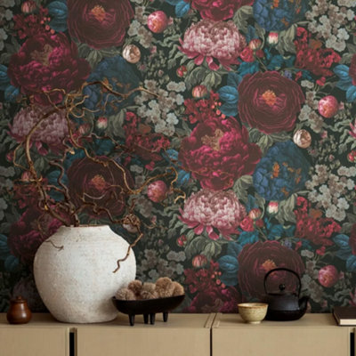 AS Creation Michalsky Burnt Deep Red & Blue Roses Wallpaper 39979-1