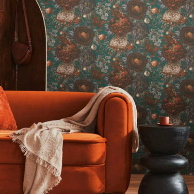 AS Creation Michalsky Burnt Orange & Green Roses Wallpaper 39979-3