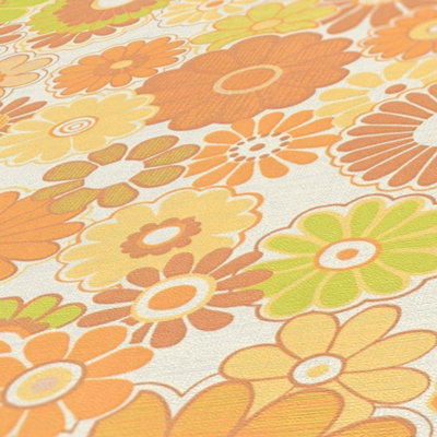 AS Creation Retro Floral Pattern Wallpaper Lime Green Orange Paste The Wall