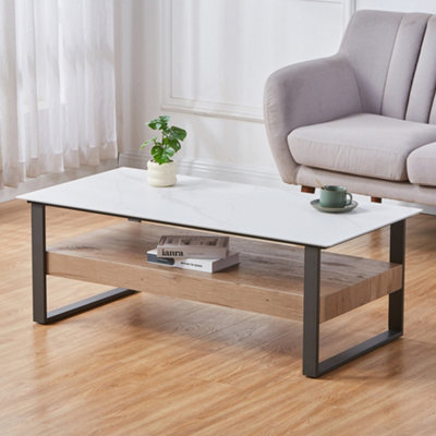 Ascent Rectangular Stone Coffee Table with Shelf - Light Grey