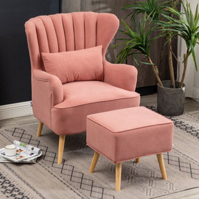 Ash Pink Velvet High Back Accent Chair with Footstool and Lumbar Pillow