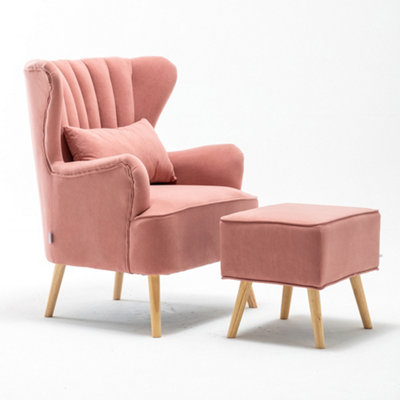 Ash Pink Velvet High-Back Accent Chair with Footstool and Lumbar Pillow