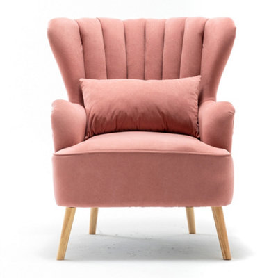 Ash Pink Velvet High-Back Accent Chair with Footstool and Lumbar Pillow