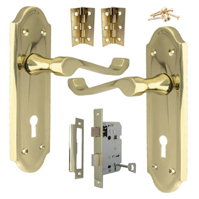 Ashford Door Handle Key Lock Scroll Lever - Polished Brass Key Lock ...