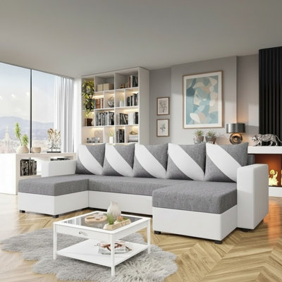 ASTANA U Shaped Corner Sofa Bed White and Grey Design with Pull Out ...