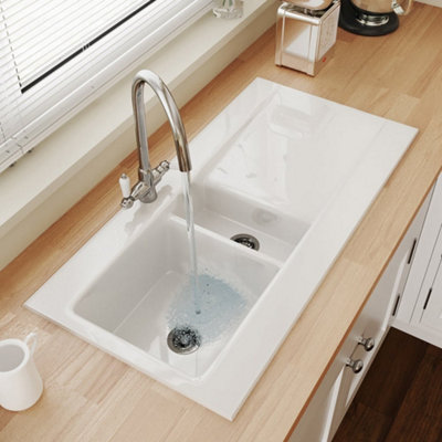 Astini 1010mm Gloss White 1.5 Bowl Fire Clay Inset Kitchen Sink with ...