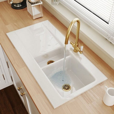 Astini 1010mm Gloss White 1.5 Bowl Fire Clay Inset Kitchen Sink with ...