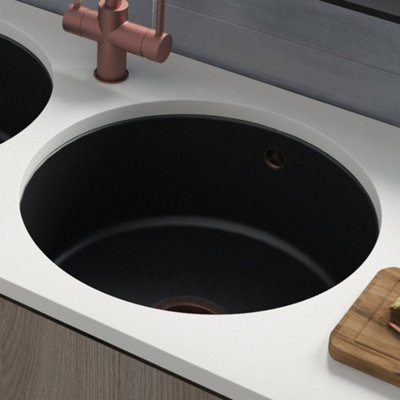 Astini 460mm Round Ceramic Kitchen Sink 1-Bowl Matt Black with Waste ...