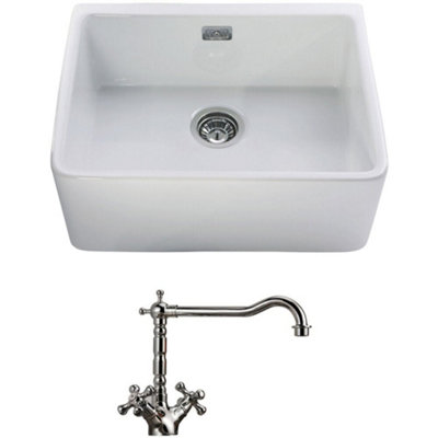 Astini Belfast 600 1-Bowl White Ceramic Kitchen Sink with Traditional Chrome Mixer Tap