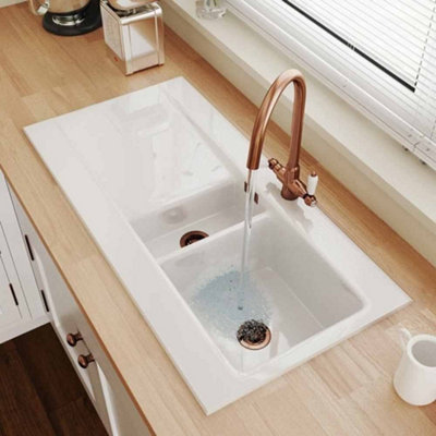 Astini Desire 1.5 Bowl White Ceramic Inset Kitchen Sink with Waste & Copper Colonial Tap