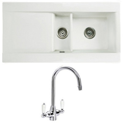 Astini Desire 1.5 Bowl White Ceramic Inset Kitchen Sink with Waste & Copper Colonial Tap