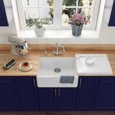 Astini Grooved Ceramic Gloss White Belfast Butler Kitchen Sink Worktop ...