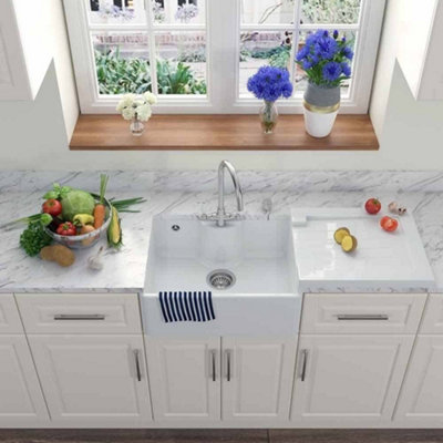 Astini Grooved Ceramic Gloss White Belfast Butler Kitchen Sink Worktop ...