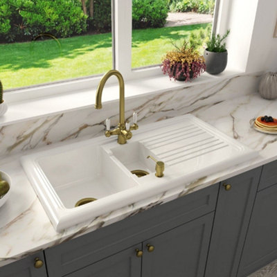 Astini Lago 150 1.5-Bowl Fireclay Ceramic Inset Kitchen Sink with Waste ...