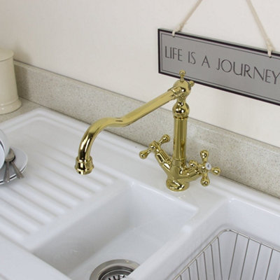 Astini Traditional English Gold Twin Handle Kitchen Sink Mixer Tap 25441G
