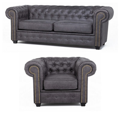 Astor Chesterfield Style Sofa Set 2+1 Seater Armchair Astor Grey Faux ...