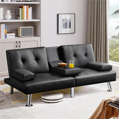 Astro Black PU Leather Sofa Bed - Chrome Legs-Cup holders, 3-Seater ...