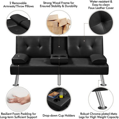 Astro Black PU Leather Sofa Bed - Chrome Legs-Cup holders, 3-Seater ...