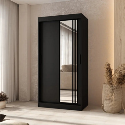 Asved 100cm Black Sliding Door Wardrobe with Mirror Storage