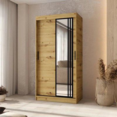 Asved 100cm Oak Artisan 2 Door Sliding Wardrobe with Mirror