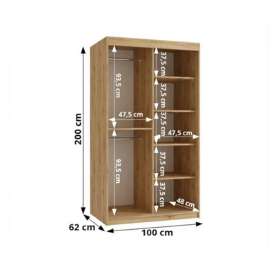 Asved 100cm Oak Artisan 2 Door Sliding Wardrobe with Mirror