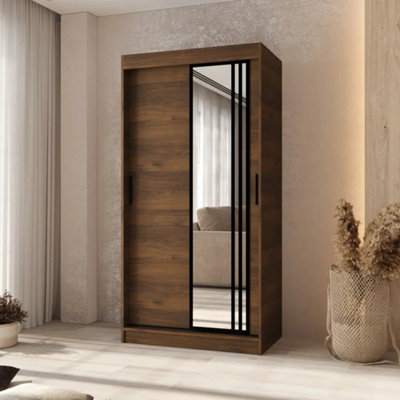 Asved 100cm Oak Walnut Sliding Door Wardrobe with Mirror