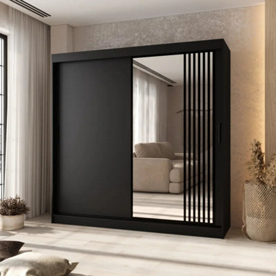 Asved Black 200cm Large Sliding Door Wardrobe with Mirror