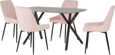 Athens Dining Set Concrete Effect with Pink Velvet Chairs