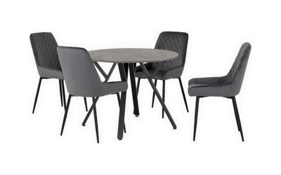 Athens Round Dining Set Grey Velvet Chairs Concrete Effect Black
