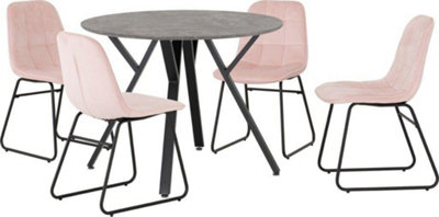 Athens Round Dining Set Pink Velvet Chairs Concrete Effect Table Black Legs